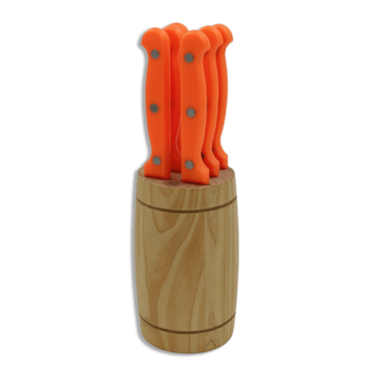 6920182214207-1 - Set of 6pcs Orange Knives with Round Wooden Base ...