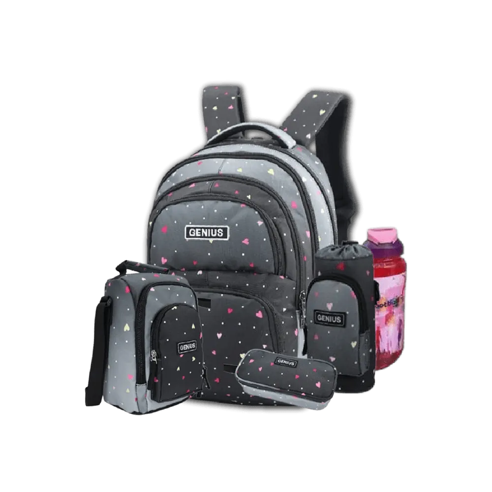 Genius 18" Hearts Grey Backpack 5Pcs Set - Freeshop