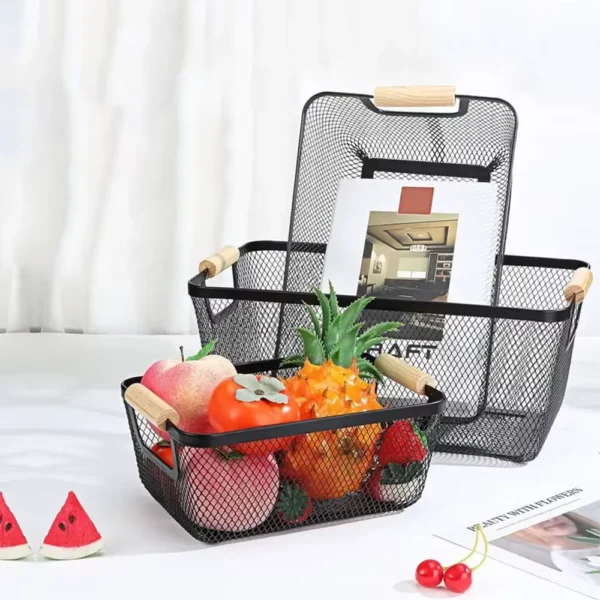 1234201615636 - Metal Wire Mesh Storage Basket with Wooden Handles ...