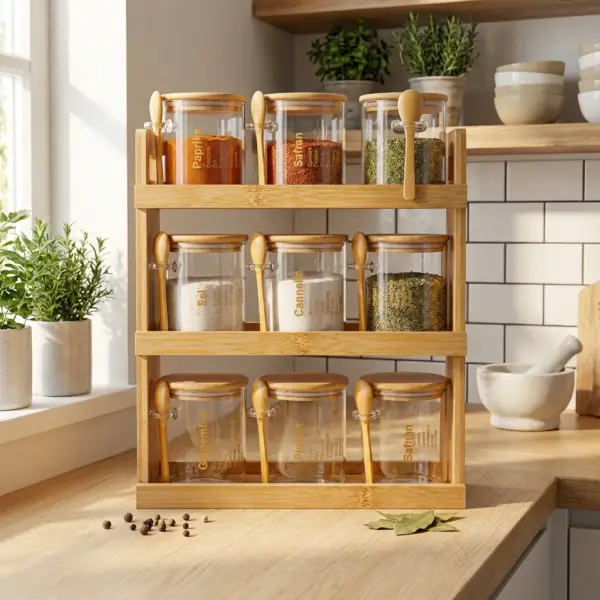 7000000044069 - Glass Jar Organizer 9pcs with Bamboo Stand - FreeShop