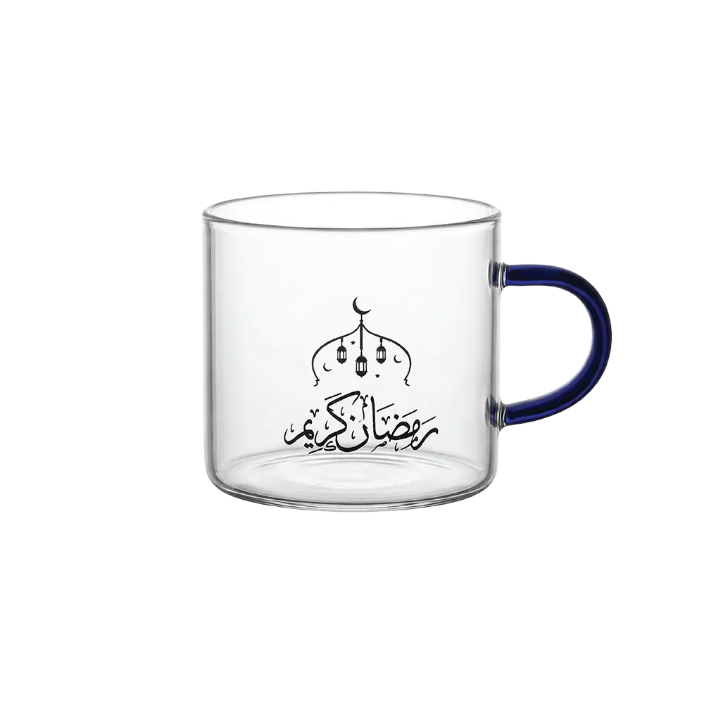 1234201628469 - Ramadan Kareem Glass Coffee Cup with Blue Handle - FreeShop