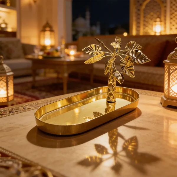 6925112555993 - Ramadan Metal Gold Palm Tree Design Serving Tray - FreeShop